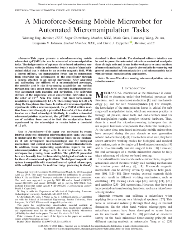 (PDF) A Microforce-Sensing Mobile Microrobot for Automated Micromanipulation Tasks