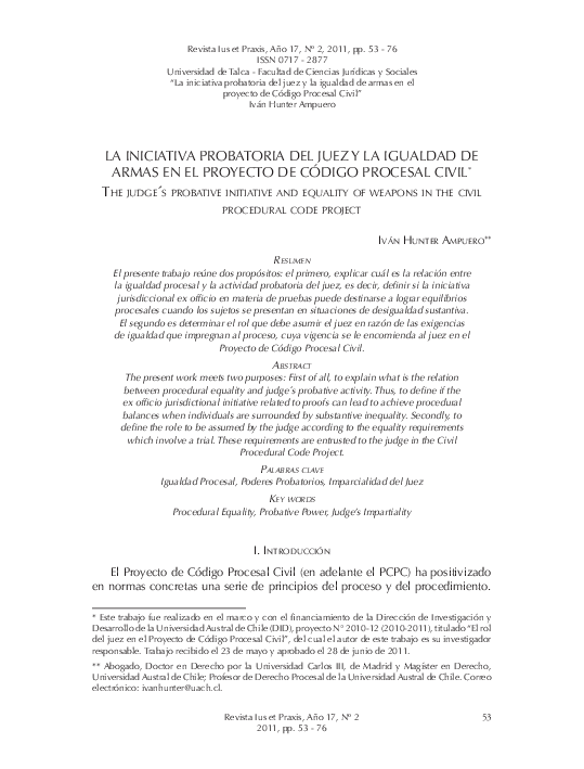 (PDF) La Iniciativa Probatoria Del Juez y La Igualdad De Armas en El Proyecto De Código Procesal ...