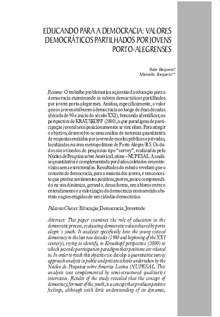 (PDF) Educando para a democracia: valores democráticos partilhados por jovens porto-alegrenses