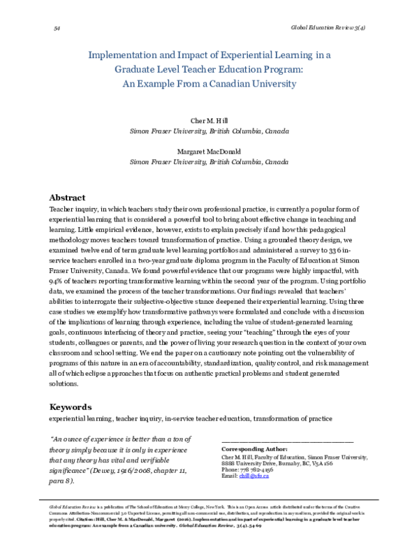 (PDF) Implementation and impact of experiential learning in a graduate ...