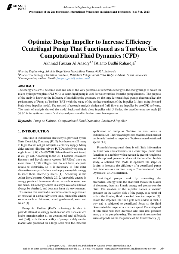 Pdf Optimize Design Impeller To Increase Efficiency Centrifugal Pump That Functioned As A