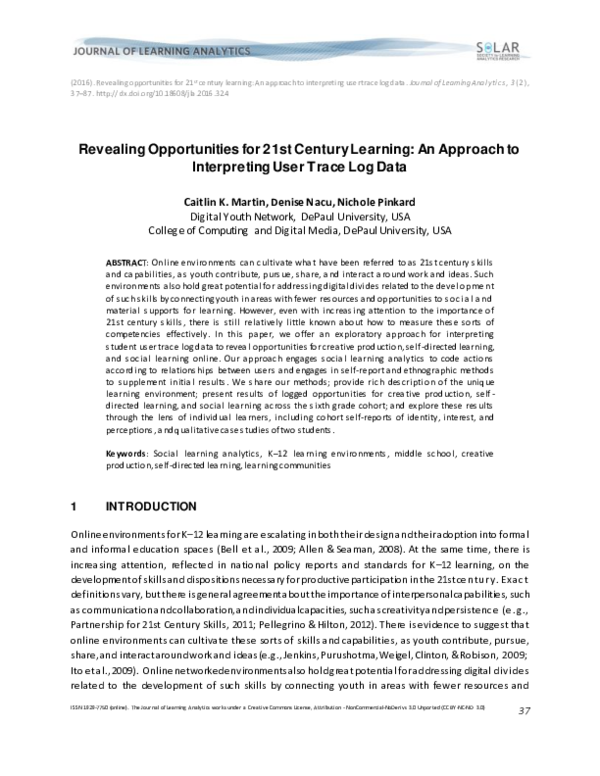 (PDF) Revealing Opportunities for 21st Century Learning: An Approach to Interpreting User Trace ...