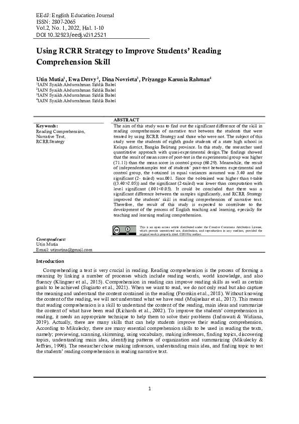 (PDF) Using RCRR Strategy to Improve Students’ Reading Comprehension Skill