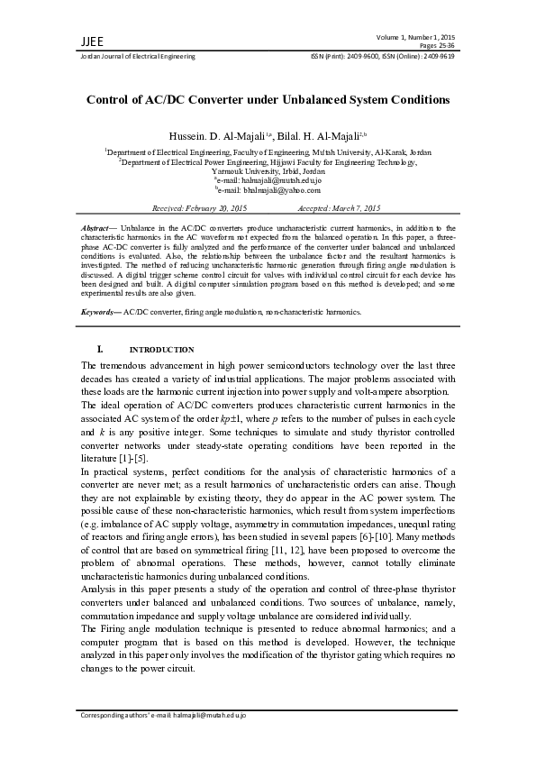 (PDF) Control of AC/DC Converter Under Unbalanced System Conditions