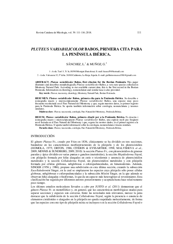 (PDF) Pluteus variabilicolor Babos, primera cita para la Península Ibéric