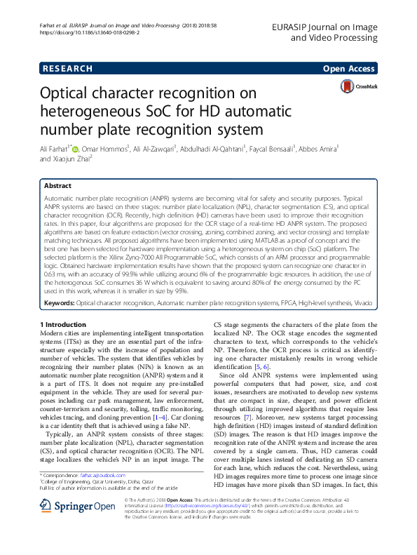 (PDF) Optical character recognition on heterogeneous SoC for HD automatic number plate ...