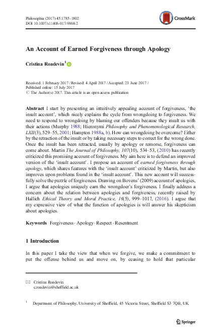 (PDF) An Account of Earned Forgiveness through Apology