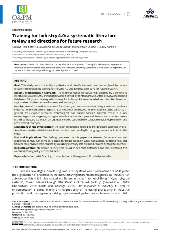 (PDF) Training for Industry 4.0: a systematic literature review and directions for future research