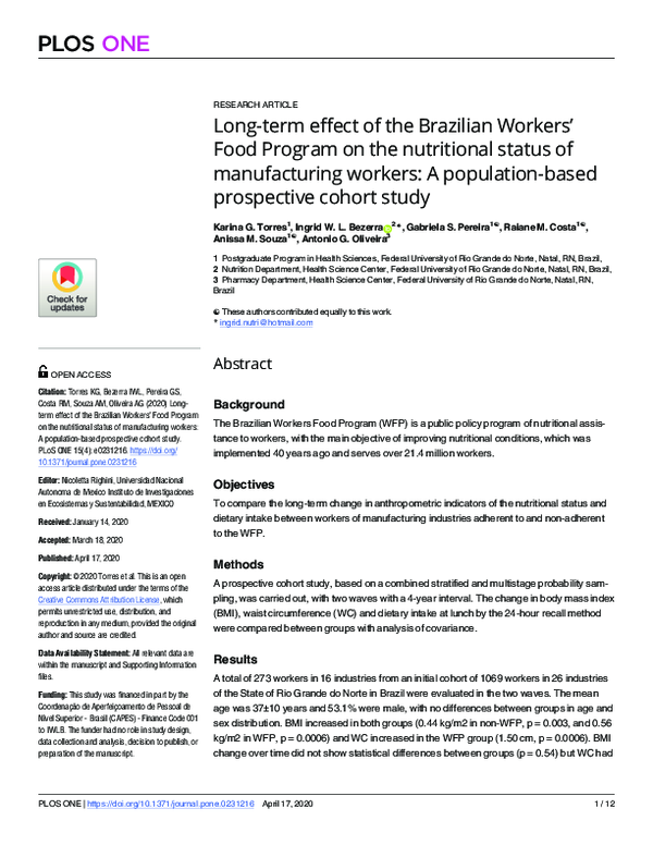 (PDF) Long-term effect of the Brazilian Workers’ Food Program on the ...