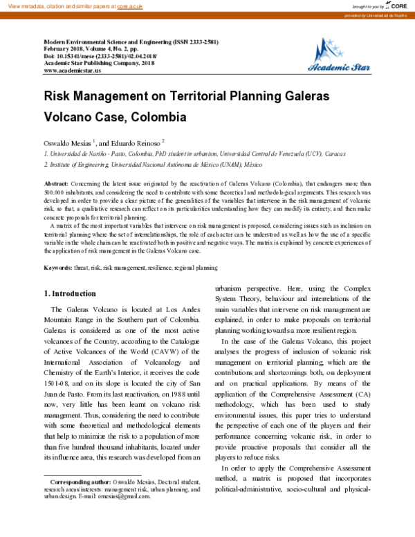 (PDF) Risk Management on Territorial Planning Galeras Volcano Case ...
