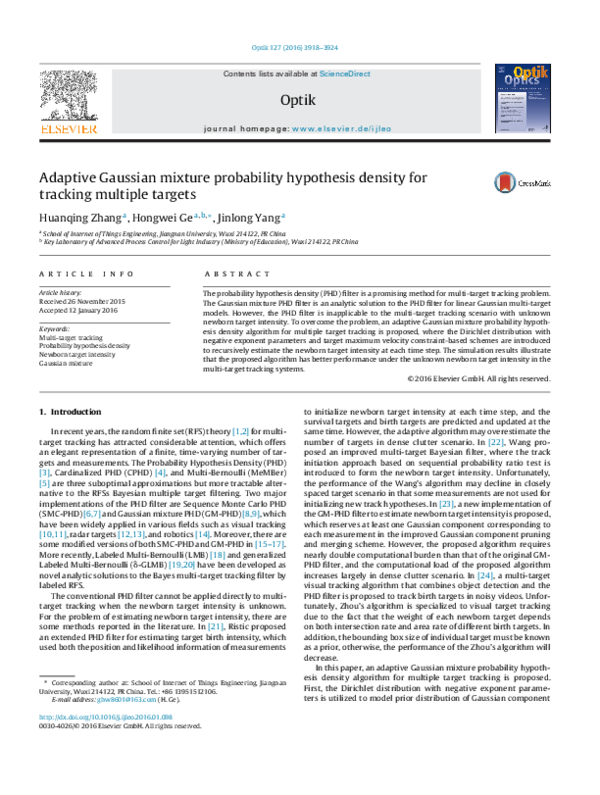 (PDF) Adaptive Gaussian mixture probability hypothesis density for tracking multiple targets