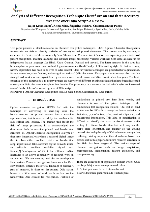 Pdf Ijsrst1738150 Analysis Of Different Recognition Technique