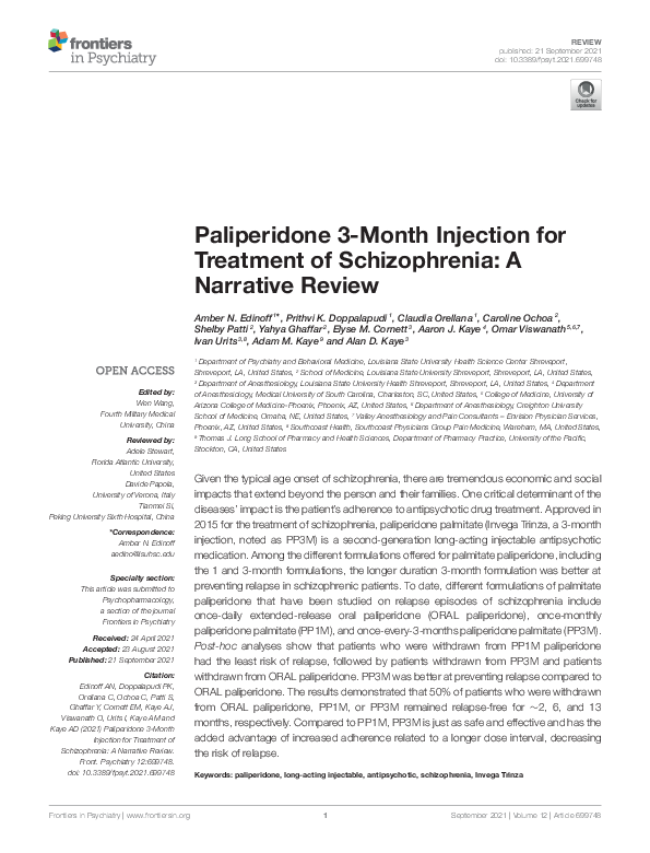 (PDF) Paliperidone 3-Month Injection for Treatment of Schizophrenia: A ...