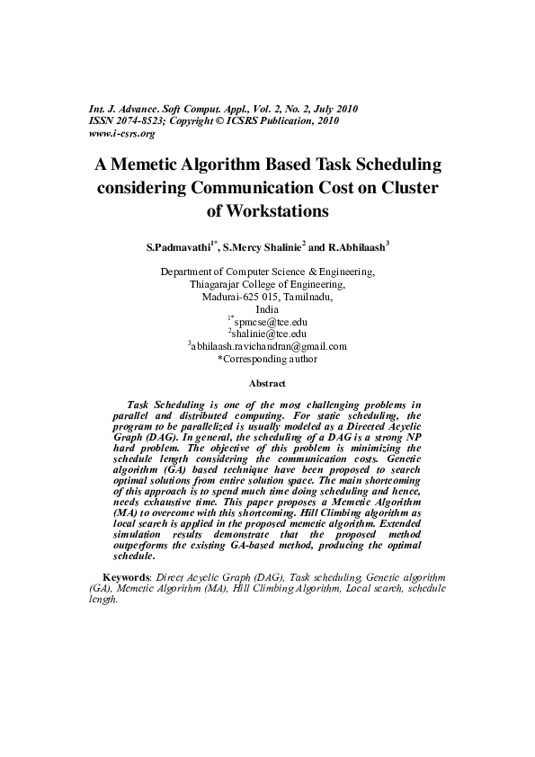 Pdf Memetic Algorithm For Efficient Task Scheduling On Clusters
