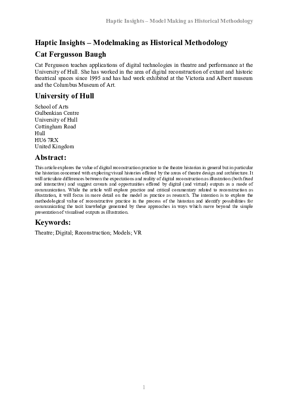 (PDF) Haptic insights: model making as historical methodology