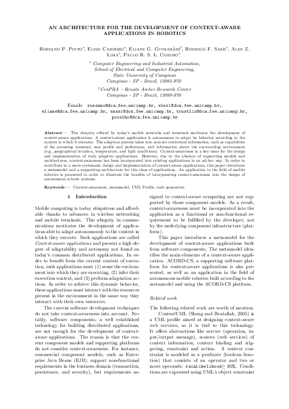 (PDF) An Architecture for the Development of Context-Aware Applications in Robotics