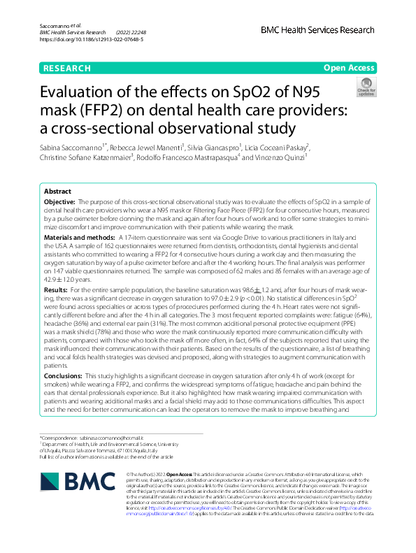 (PDF) Evaluation of the effects on SpO2 of N95 mask (FFP2) on dental ...