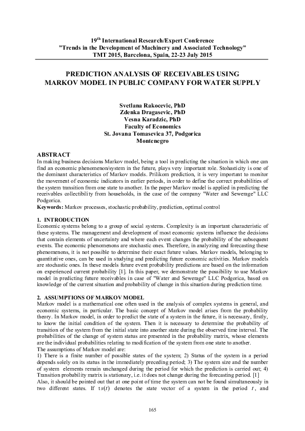 (PDF) Prediction Analysis of Receivables Using Markov Model in Public Company for Water Supply