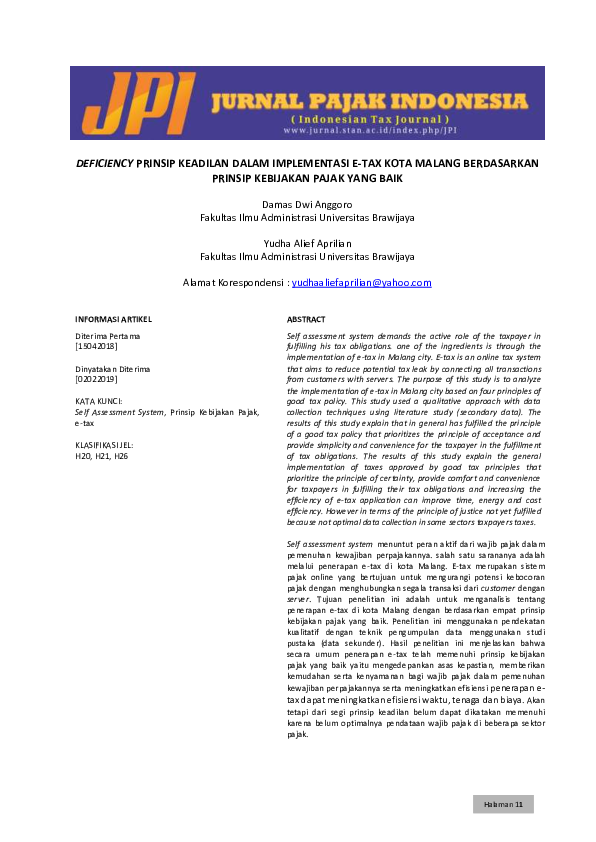 (PDF) Deficiency Prinsip Keadilan Dalam Implementasi E-Tax Kota Malang Berdasarkan Prinsip ...