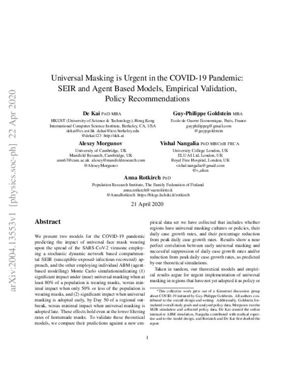 Universal Masking is Urgent in the COVID-19 Pandemic: SEIR and Agent ...