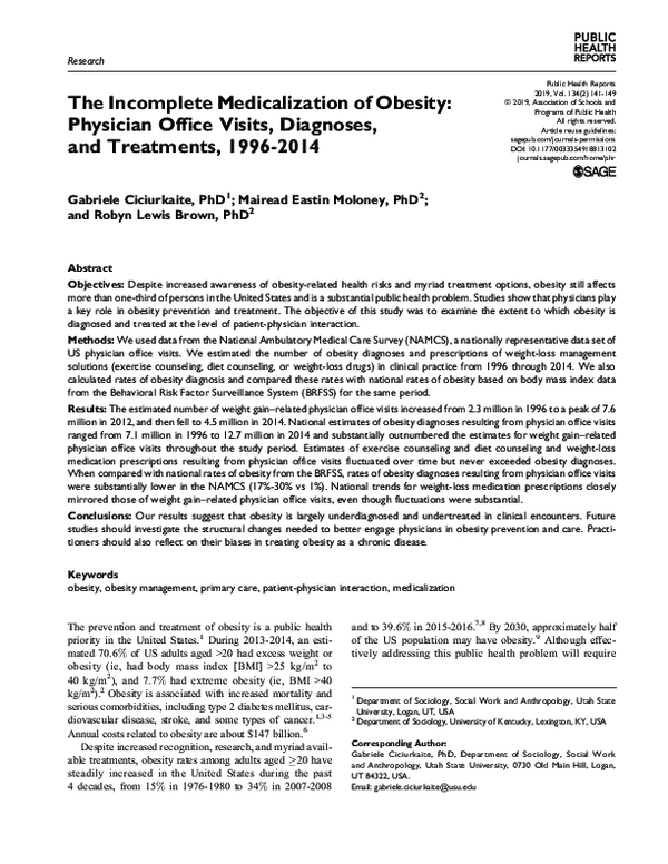 (PDF) The Incomplete Medicalization of Obesity: Physician Office Visits ...