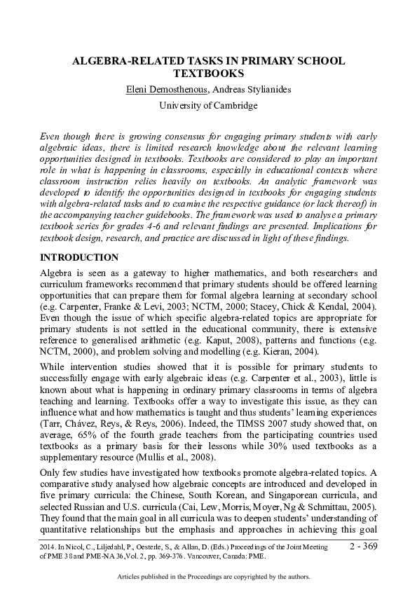 (PDF) Algebra-Related Tasks in Primary School Textbooks