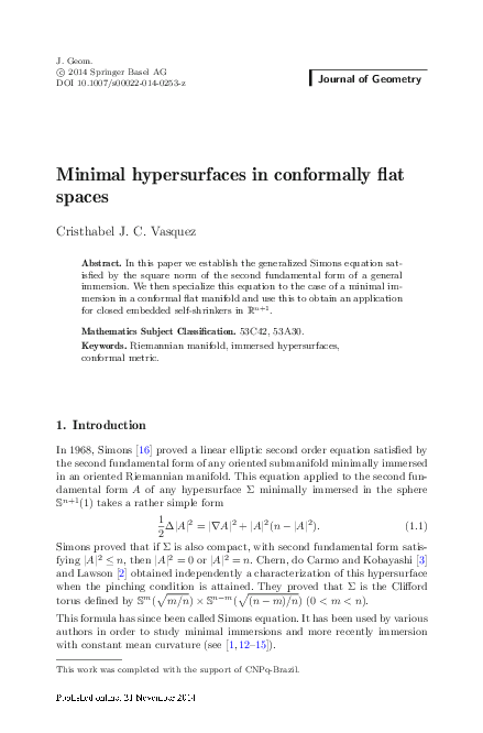 Pdf Minimal Hypersurfaces In Conformally Flat Spaces