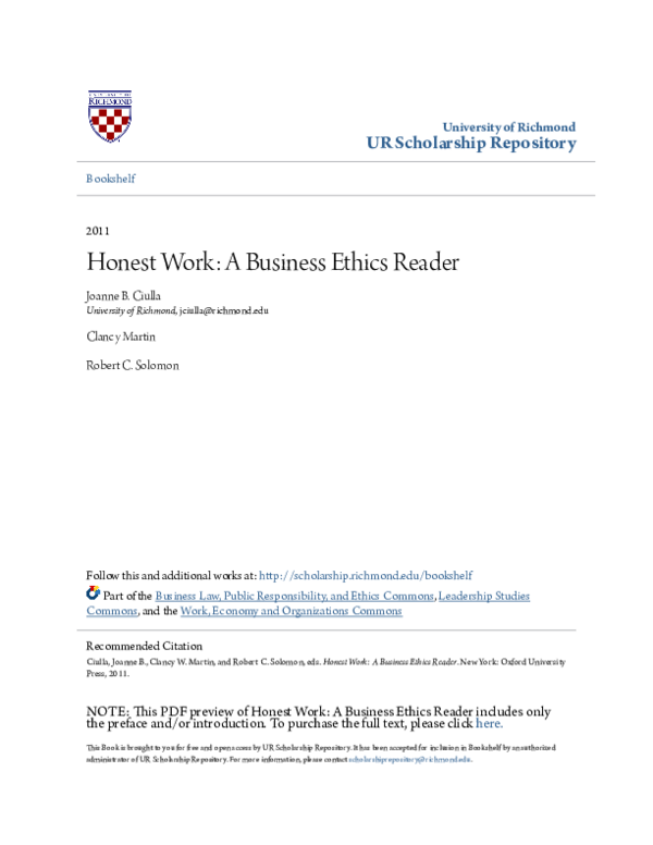 (PDF) Honest work: A business ethics reader