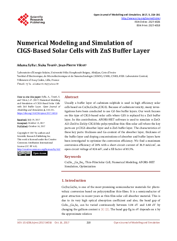 Pdf Numerical Modeling And Simulation Of Cigs Based Solar Cells With