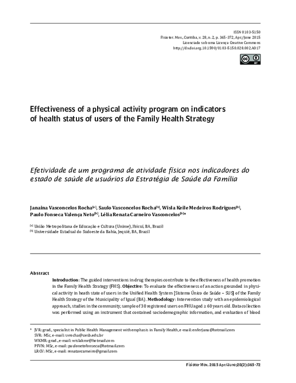 (PDF) Effectiveness of a physical activity program on indicators of health status of users of ...
