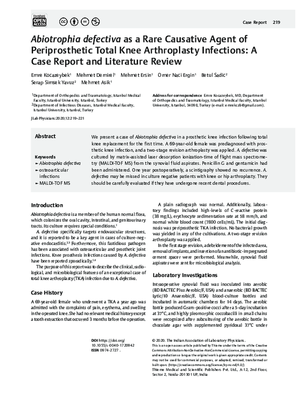 (PDF) Abiotrophia defectiva as a Rare Causative Agent of Periprosthetic ...