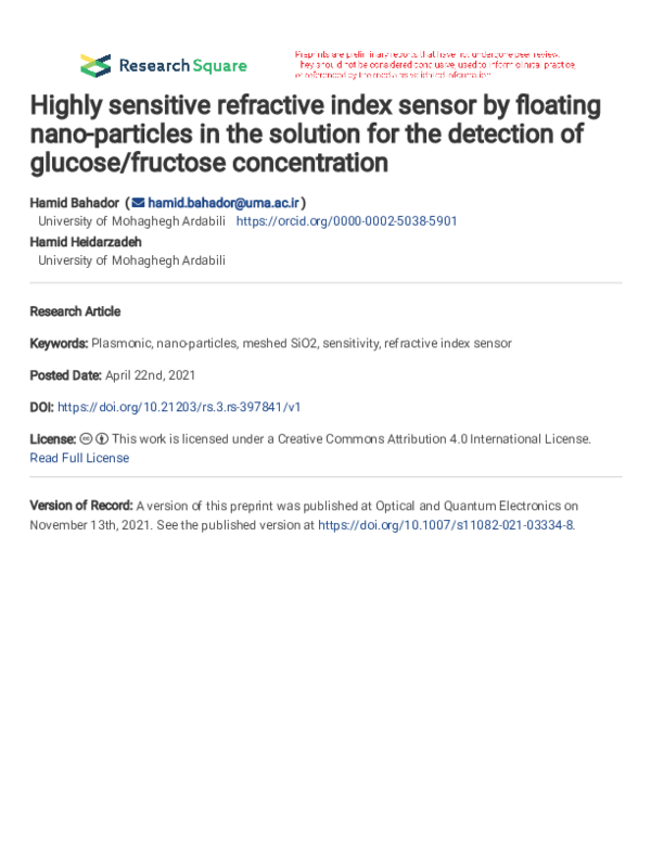 Pdf Highly Sensitive Refractive Index Sensor By Floating Nano Particles In The Solution For