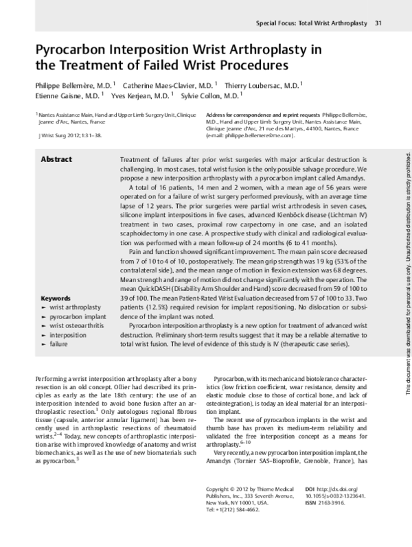 (PDF) Pyrocarbon Interposition Wrist Arthroplasty in the Treatment of ...