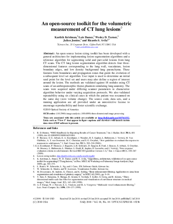 Pdf An Open Source Toolkit For The Volumetric Measurement Of Ct Lung Lesions Ricardo Avila