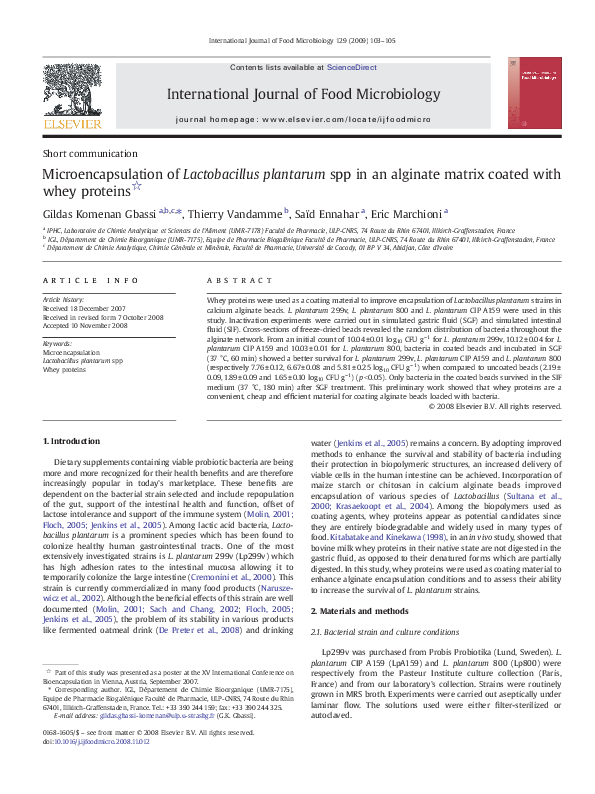 (PDF) Microencapsulation of Lactobacillus plantarum spp in an alginate ...