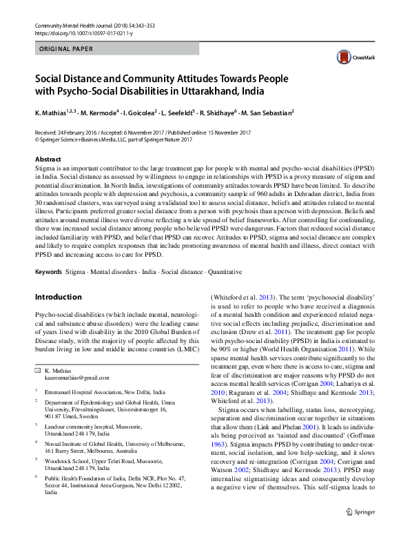 (PDF) Social Distance and Community Attitudes Towards People with Psycho-Social Disabilities in ...