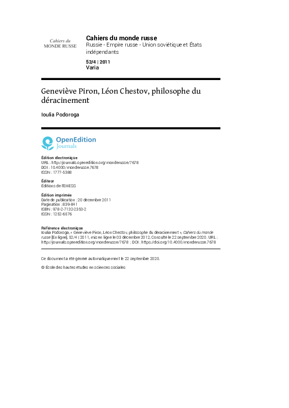 (PDF) Geneviève Piron, Léon Chestov, philosophe du déracinement