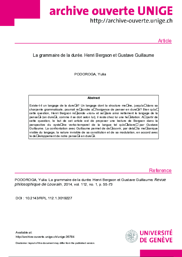 (PDF) La grammaire de la durée. Henri Bergson et Gustave Guillaume