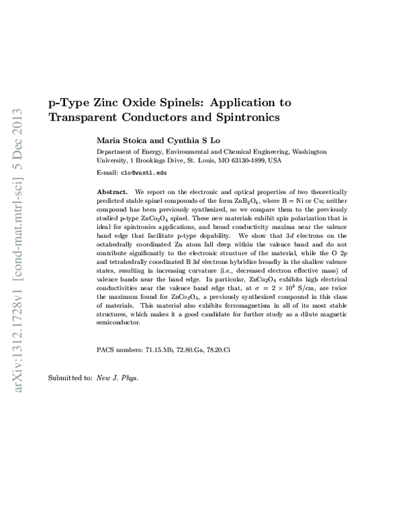 (PDF) P-type zinc oxide spinels: application to transparent conductors and spintronics | Maria ...