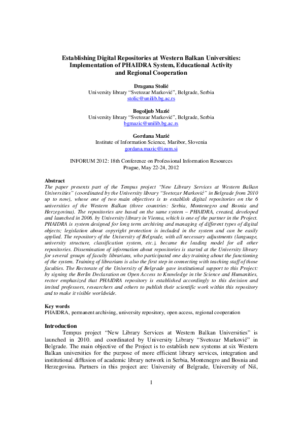 (PDF) Establishing Digital Repositories at Western Balkan Universities