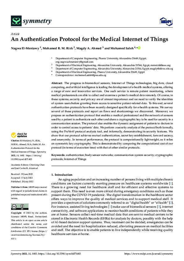 (PDF) An Authentication Protocol for the Medical Internet of Things
