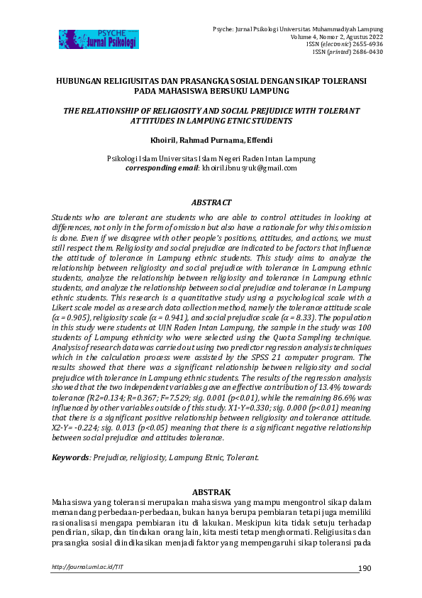 (PDF) Hubungan Religiusitas Dan Prasangka Sosial Dengan Sikap Toleransi Pada Mahasiswa Bersuku ...