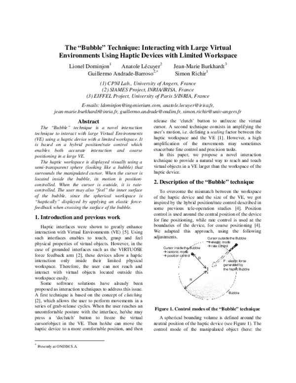 (PDF) The "Bubble" Technique: Interacting with Large Virtual Environments Using Haptic Devices ...