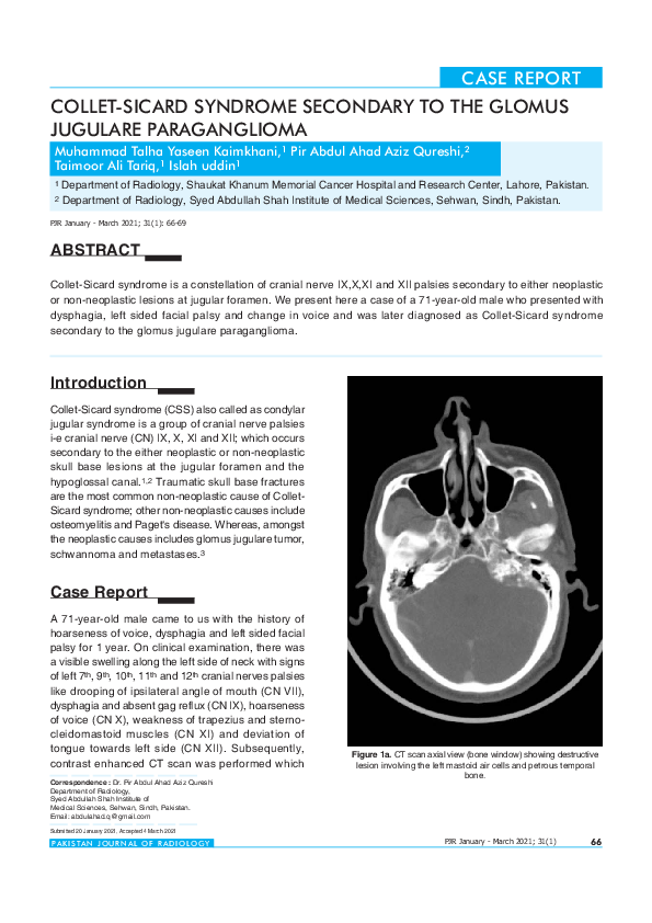 (PDF) Collet-Sicard Syndrome Secondary to the Glomus Jugulare Paraganglioma