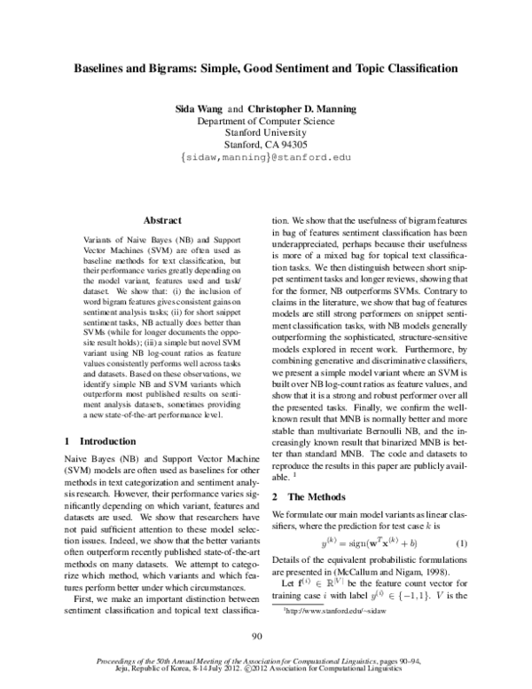 (PDF) Baselines and Bigrams: Simple, Good Sentiment and Topic Classification | Christopher D ...