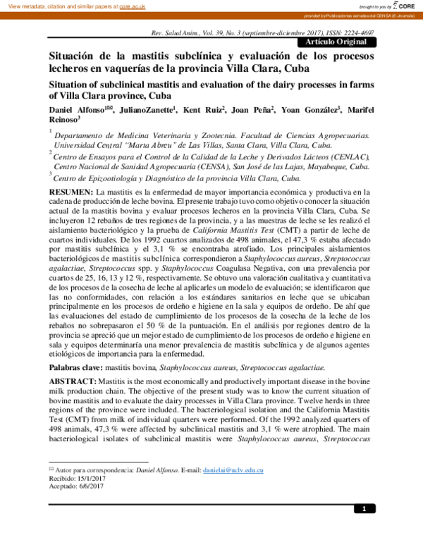 (PDF) Situación de la mastitis subclínica y evaluación de los procesos lecheros en vaquerías de ...