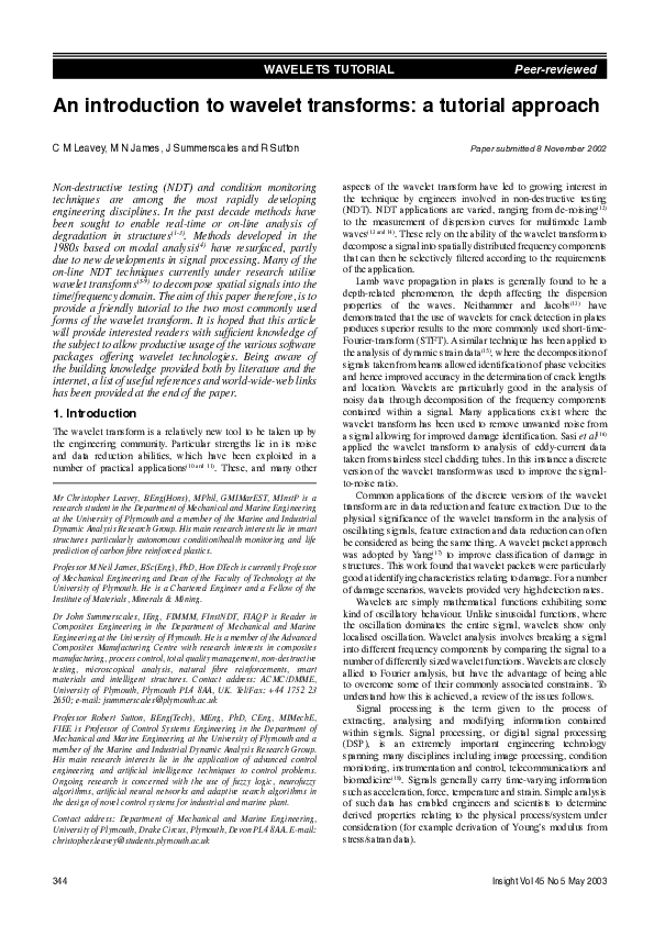 Pdf An Introduction To Wavelet Transforms A Tutorial Approach