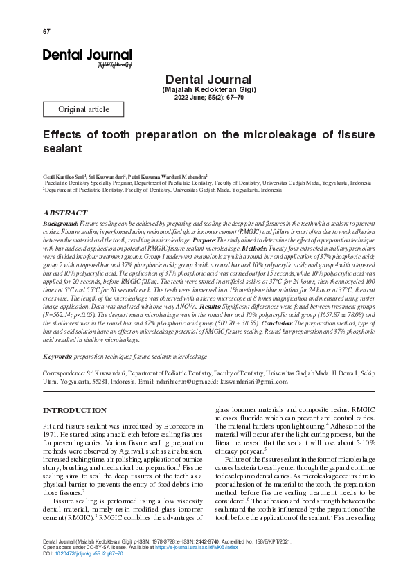 (PDF) Effects of tooth preparation on the microleakage of fissure ...