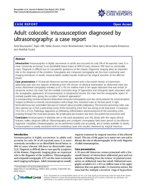(PDF) Adult colocolic intussusception diagnosed by ultrasonography: a ...