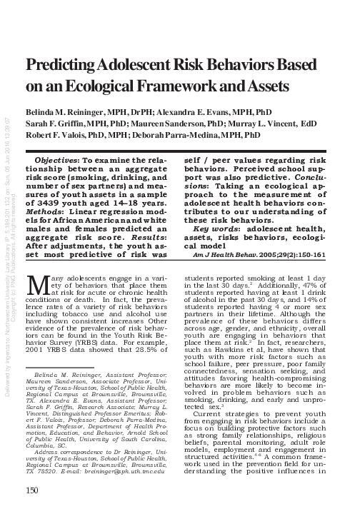 (PDF) Predicting Adolescent Risk Behaviors Based on an Ecological Framework and Assets